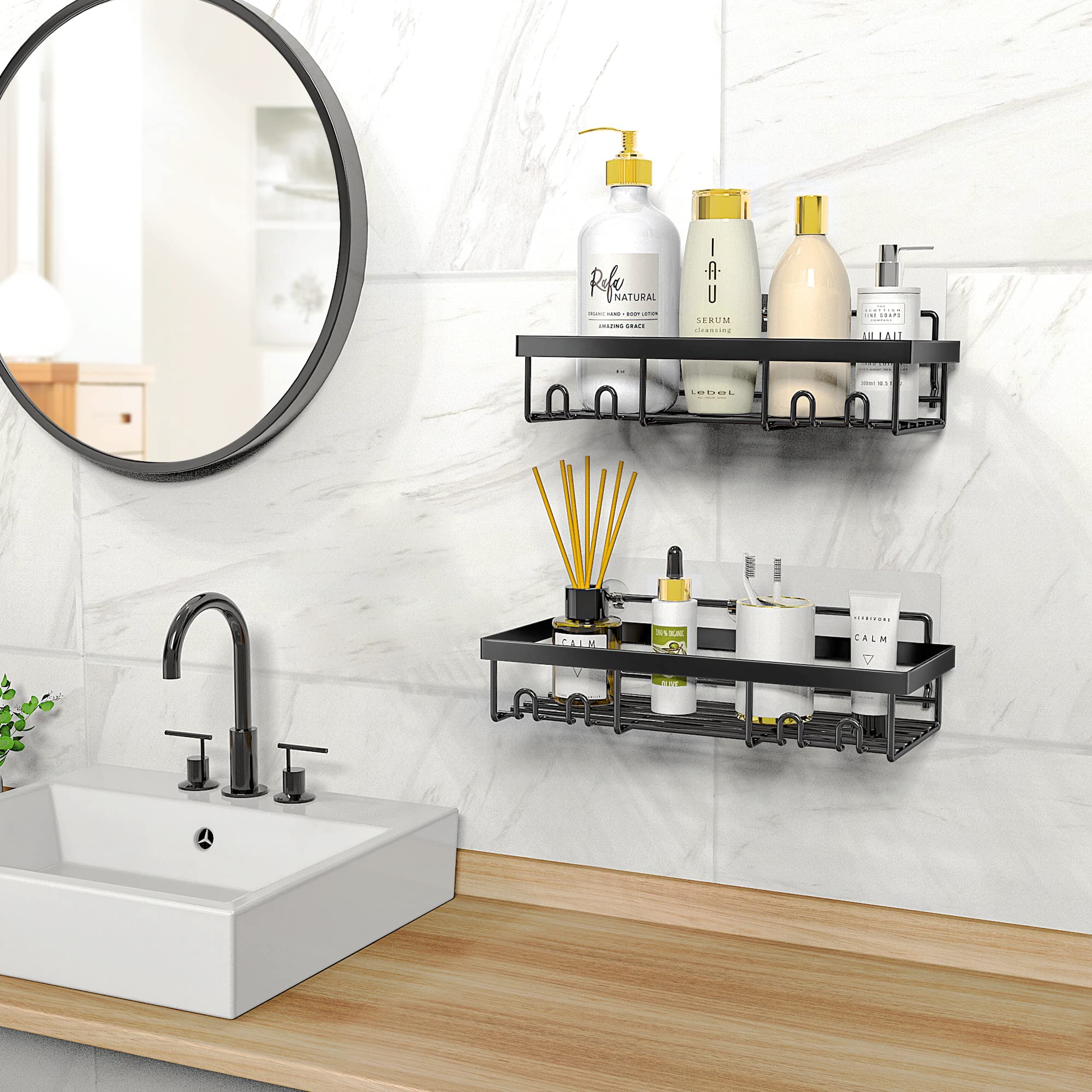 Moforoco Shower Caddy Shelf Organizer Rack, Self Adhesive Black Bathroom Shelves Basket, Home Farmhouse Wall Shower Inside Organization and Storage Decor Rv Accessories, First Apartment Essentials