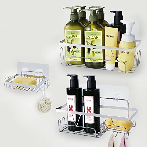 Meikeyi bathroom organizer shower caddy Shelf (2Pack) with1 Soap Dishes, No Drilling adhesive Stainless Steel bathroom Wall Mount shampoo holder storage