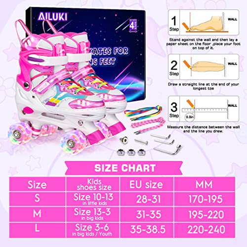 Roller Skates for Girls and Boys,4 Size Adjustable Kids Toddler Roller Skates with Light up Wheels for Toddlers Children Outdoor Indoor Medium(13C-3Y)