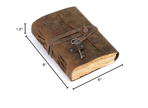 cuero Compass Vintage Leather Journal Antique Handmade Bound Journal with Deckle Edge Paper Diary Leather Sketchbook Drawing Journal Notebook Great Gift Men & Women (6X8 Inch)