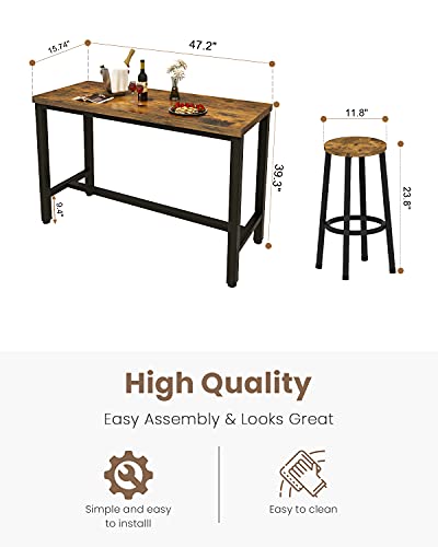 Recaceik 3 Piece Pub Dining Set, Modern bar Table and Stools for 2 Kitchen Counter Height Wood Top Bistro Easy Assemble for Breakfast Nook Living Room Small Space Restaurant, Rustic Brown 47"