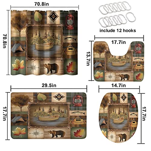Zmcongz Lodge Bear Moose Shower Curtain Set with Rugs Retro Rustic Farmhouse Cabin Bath Curtain for Bathroom Waterproof Fabric Bathroom Decor Set, 72x72 Inch
