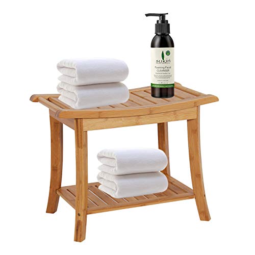 Kinlife Bamboo Shower Bench Bathroom Seat with Storage Shelf Wood Spa Bath Organizer Stool for Indoor