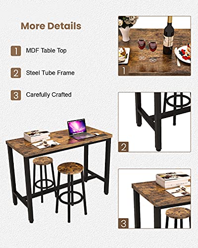 Recaceik 3 Piece Pub Dining Set, Modern bar Table and Stools for 2 Kitchen Counter Height Wood Top Bistro Easy Assemble for Breakfast Nook Living Room Small Space Restaurant, Rustic Brown 47"