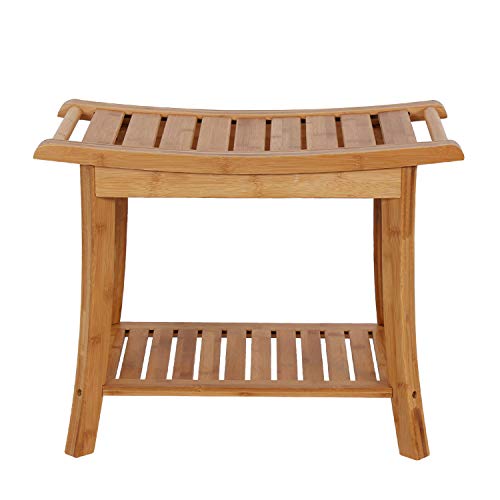Kinlife Bamboo Shower Bench Bathroom Seat with Storage Shelf Wood Spa Bath Organizer Stool for Indoor