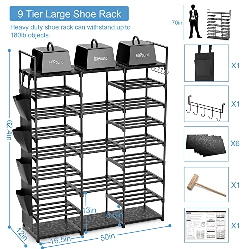 Huolewa 2 Pack Shoe Rack Storage Organizer, 9 Tier Large Shoes Rack for Entryway Closet, Free Standing Shoes Shelf Stand, Sturdy Big Black Metal Space Saving Shoe