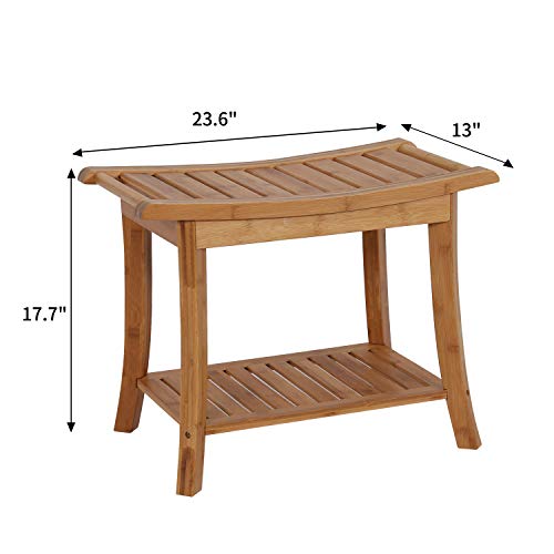 Kinlife Bamboo Shower Bench Bathroom Seat with Storage Shelf Wood Spa Bath Organizer Stool for Indoor
