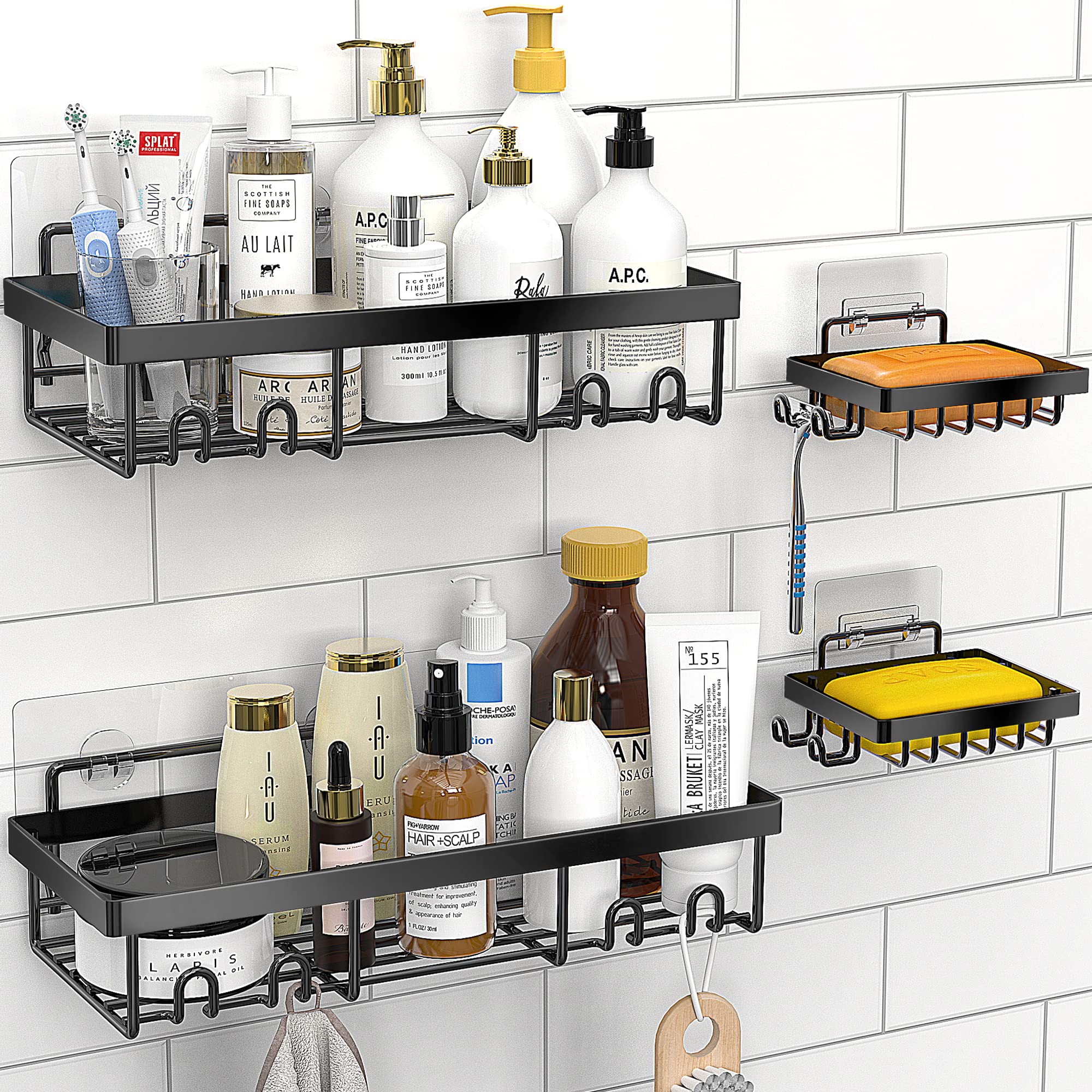 Moforoco Shower Caddy Shelf Organizer Rack, Self Adhesive Black Bathroom Shelves Basket, Home Farmhouse Wall Shower Inside Organization and Storage Decor Rv Accessories, First Apartment Essentials