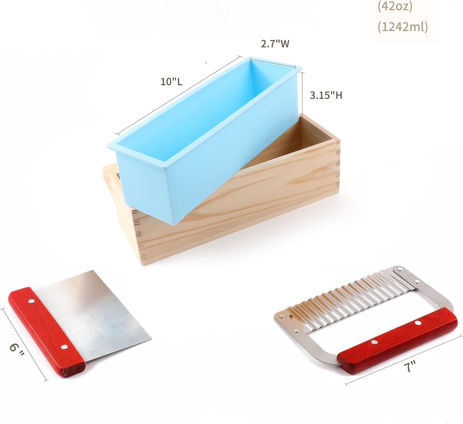 DOYOLLA Silicone Soap Loaf Molds Wood Box + Stainless Steel Wavy + Straight Cutters, 41oz, Random Color