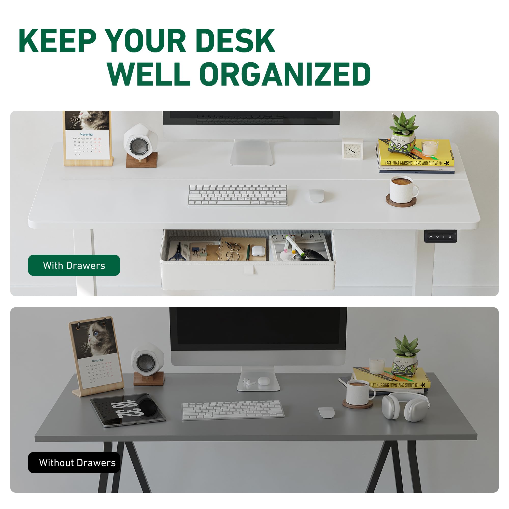 FEZIBO 55 x 24 Inches Standing Desk with Drawer, Adjustable Height Electric Stand up Desk with Storage, Sit Stand Home Office Desk, Ergonomic Computer Desk, White
