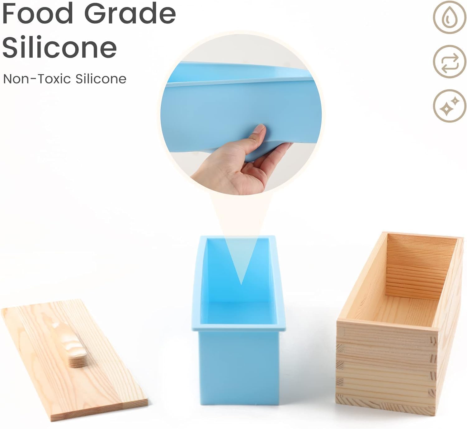 DOYOLLA Silicone Soap Loaf Molds Wood Box + Stainless Steel Wavy + Straight Cutters, 41oz, Random Color