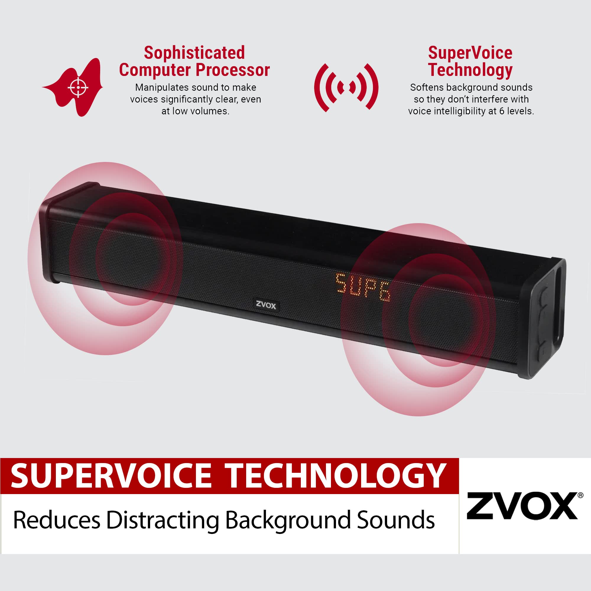 ZVOX AV257 TV Soundbar with AccuVoice 12 Levels of Sound Boost, Dialogue Clarifying Sound Bar with Patented Hearing Technology, Alphanumeric Display, TV Speaker