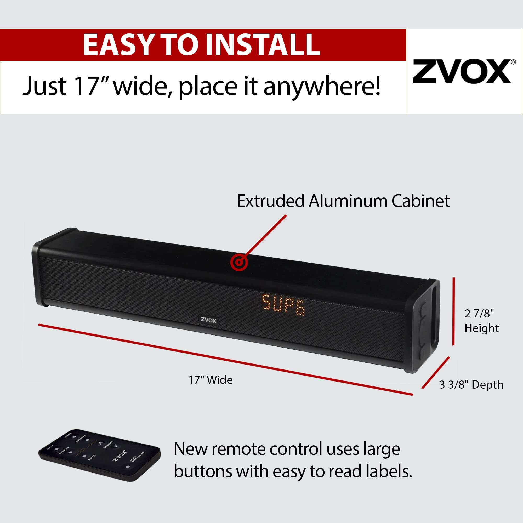 ZVOX AV257 TV Soundbar with AccuVoice 12 Levels of Sound Boost, Dialogue Clarifying Sound Bar with Patented Hearing Technology, Alphanumeric Display, TV Speaker