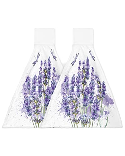 Hand Tie Towel Set of 2,Field Purple Lavender Floral Dragonfly Hanging Kitchen Towels with Loop, Absorbent Tea Bar Dish Towel Fast Drying Towels for Bathroom,Rustic Flower Plant Watercolor