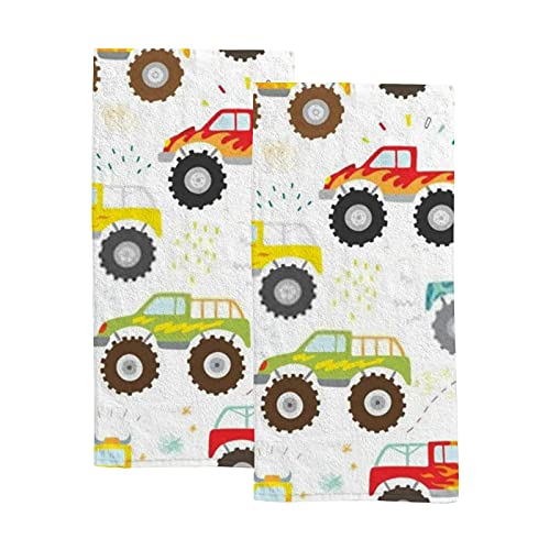 Hand Towels Set for Bathroom,Absorbent Dish Towels for Gym Spa,30"x15",Kids Doodle Monster Truck (2 PCS)