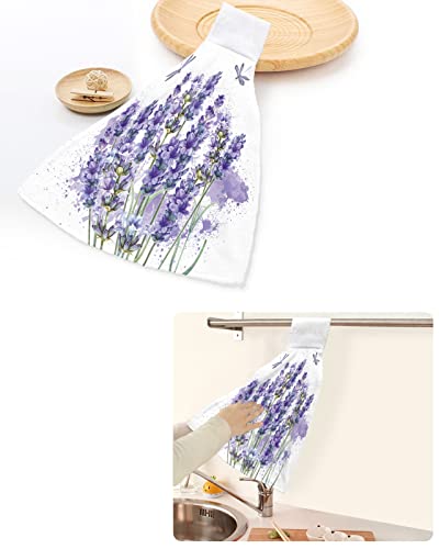 Hand Tie Towel Set of 2,Field Purple Lavender Floral Dragonfly Hanging Kitchen Towels with Loop, Absorbent Tea Bar Dish Towel Fast Drying Towels for Bathroom,Rustic Flower Plant Watercolor
