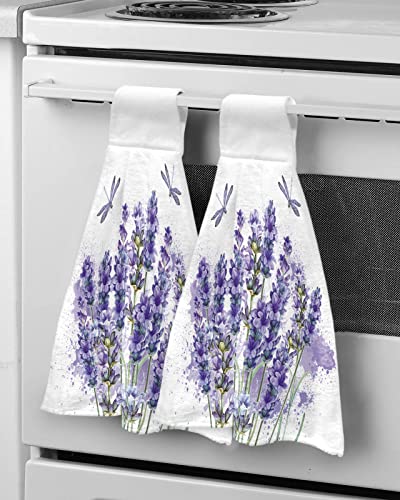 Hand Tie Towel Set of 2,Field Purple Lavender Floral Dragonfly Hanging Kitchen Towels with Loop, Absorbent Tea Bar Dish Towel Fast Drying Towels for Bathroom,Rustic Flower Plant Watercolor