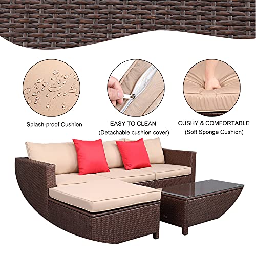 L-DREAM Garden Furniture Sofa Set 5-Piece - PE Brown Wicker Rattan Sofa - with Tempered Glass Coffee Table and Washable Couch Cushions - for Patio Balcony Conversation Sofa (Color : Brown)