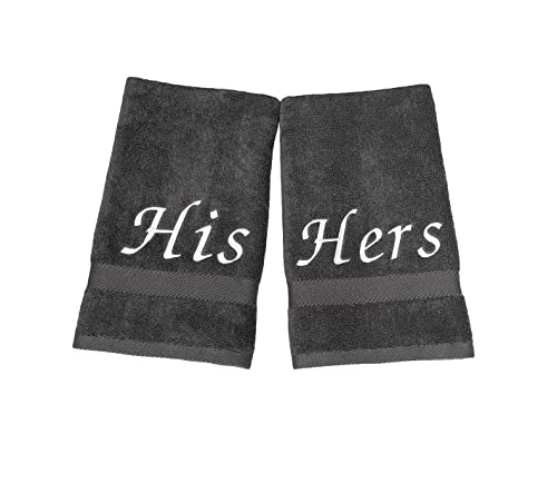 Liberty21 Gifts for Couples. His and Hers Embroidered Hand Towels for Bathroom, Kitchen or Spa. This Set Includes 2 Hand Towels. His and Hers Gifts. 100% Cotton. (Dark Grey)
