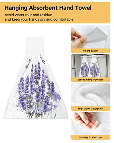 Hand Tie Towel Set of 2,Field Purple Lavender Floral Dragonfly Hanging Kitchen Towels with Loop, Absorbent Tea Bar Dish Towel Fast Drying Towels for Bathroom,Rustic Flower Plant Watercolor