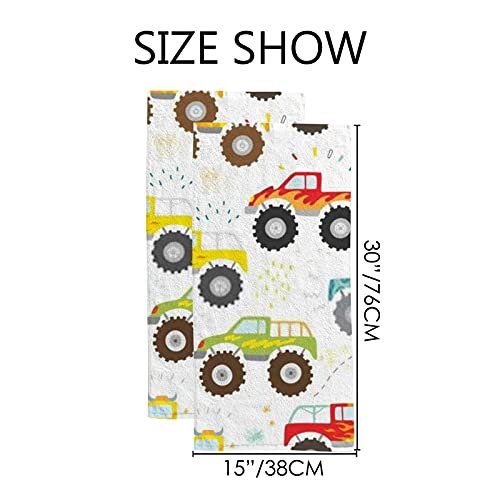 Hand Towels Set for Bathroom,Absorbent Dish Towels for Gym Spa,30"x15",Kids Doodle Monster Truck (2 PCS)