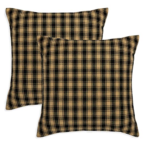 Cackleberry Home Black and Tan French Check Decorative Square Throw Pillow Case Covers Woven Cotton 18 x 18 Inches, Set of 2