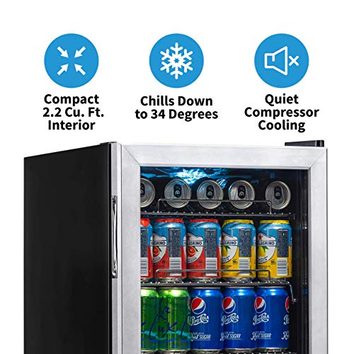 NewAir Beverage Refrigerator Cooler with 90 Can Capacity - Mini Bar Beer Fridge with Right Hinge Glass Door - Cools to 34F - AB-850 - Stainless Steel (Renewed)