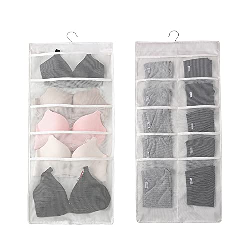 YUNZSXJY Durable Hanging Closet Organizer for Underwear Double Sided with Mesh Pockets,Space Saving Storage Pocket Bra Clothes Socks Organizer Home Basics. (Gray, 2PCS 6+6 Pockets)