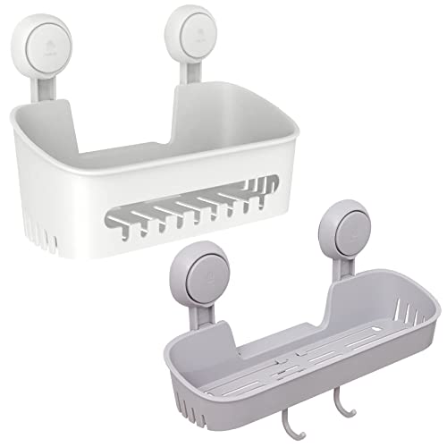 LEVERLOC Shower Caddy Suction Cup & Shower Caddy with 4 Hooks One Second Installation Removable Powerful Shower Organizer Max Hold 22lbs Suction Bathroom Caddy Waterproof Shower Storage