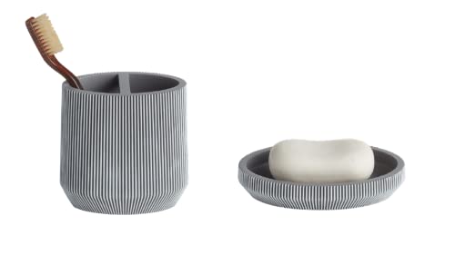 Roselli Trading Company 4pc - Commodore Stripes Bathroom Accessory Set - Toothbrush Holder, Tumbler, Soap Dish, and Lotion Pump Ba Gray, White