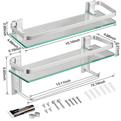 VOLPONE Glass Bathroom Shelf 15.7in Bathroom Shelf Wall Mounted Floating Glass Shelves with Towel Holder Glass Shower Shelf 2 Tier (Sliver)