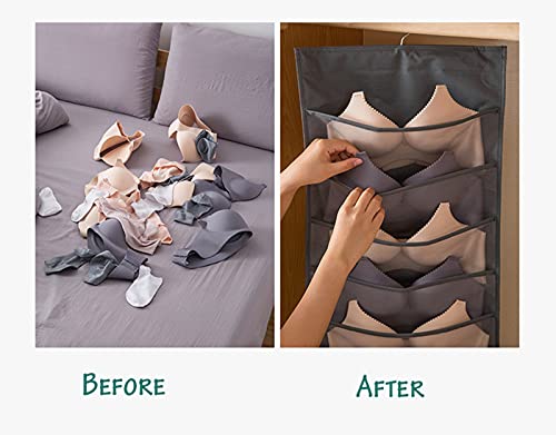 YUNZSXJY Durable Hanging Closet Organizer for Underwear Double Sided with Mesh Pockets,Space Saving Storage Pocket Bra Clothes Socks Organizer Home Basics. (Gray, 2PCS 6+6 Pockets)