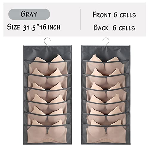 YUNZSXJY Durable Hanging Closet Organizer for Underwear Double Sided with Mesh Pockets,Space Saving Storage Pocket Bra Clothes Socks Organizer Home Basics. (Gray, 2PCS 6+6 Pockets)