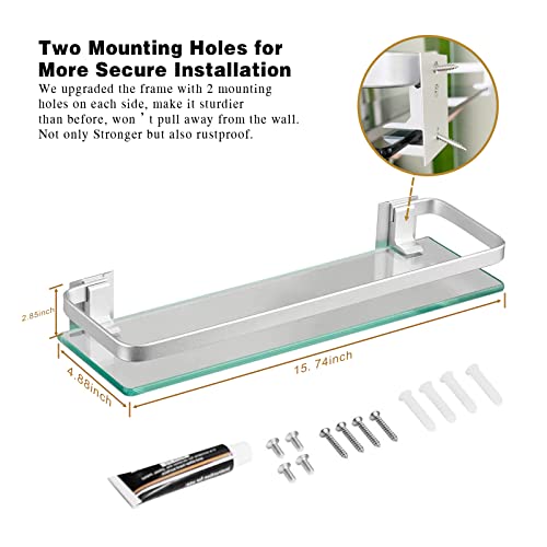 VOLPONE Glass Bathroom Shelf 15.7in Bathroom Shelf Wall Mounted Floating Glass Shelves with Towel Holder Glass Shower Shelf 2 Tier (Sliver)