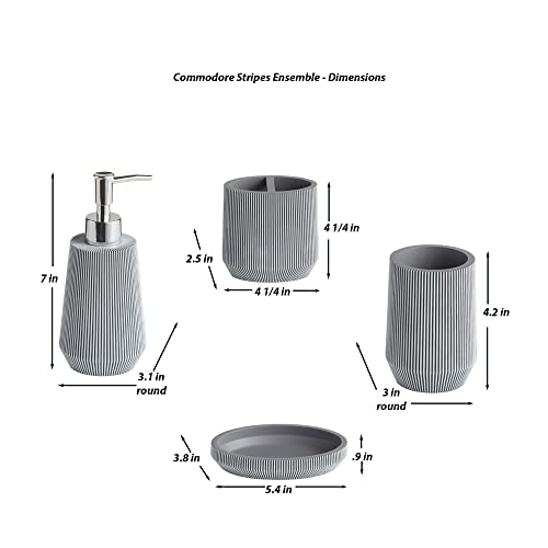 Roselli Trading Company 4pc - Commodore Stripes Bathroom Accessory Set - Toothbrush Holder, Tumbler, Soap Dish, and Lotion Pump Ba Gray, White