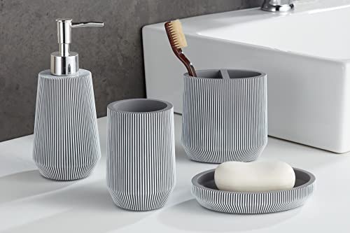 Roselli Trading Company 4pc - Commodore Stripes Bathroom Accessory Set - Toothbrush Holder, Tumbler, Soap Dish, and Lotion Pump Ba Gray, White