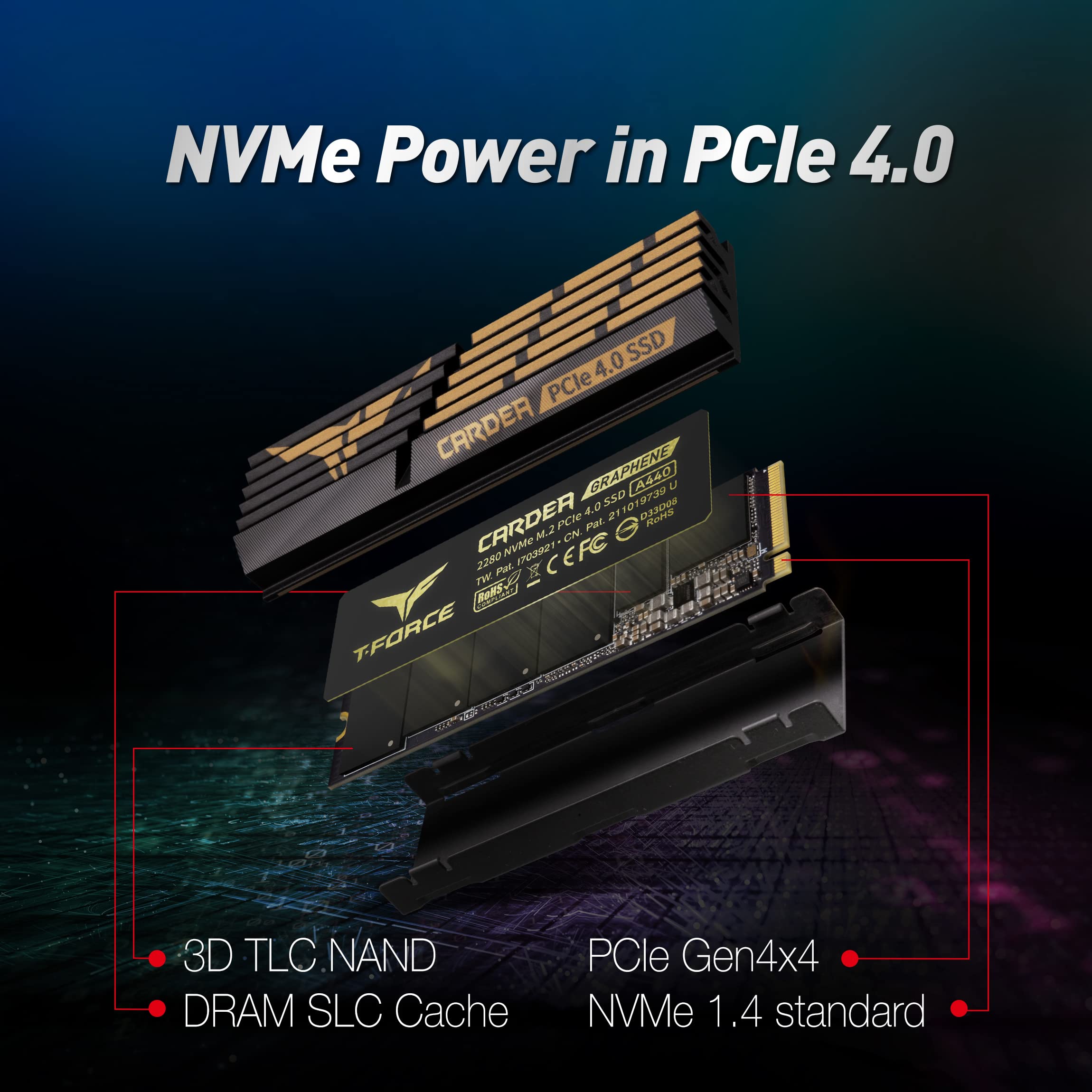TEAMGROUP T-Force CARDEA A440 Graphene & Aluminum Heatsink 1TB with DRAM SLC Cache 3D NAND TLC NVMe PCIe Gen4 x4 M.2 2280 Gaming Internal SSD Read/Write 7,000/5,500 MB/s TM8FPZ001T0C327