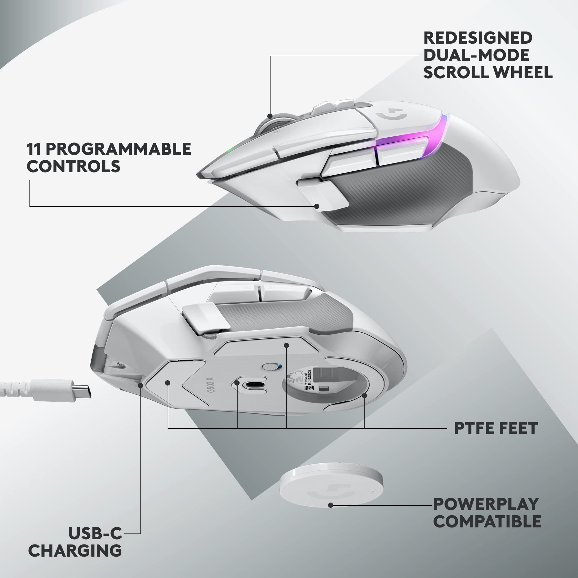 Logitech G502 X Plus Lightspeed Wireless Optical Mouse - LIGHTFORCE hybrid switches, LIGHTSYNC RGB, HERO 25K gaming sensor, compatible with PC - macOS/Windows - White