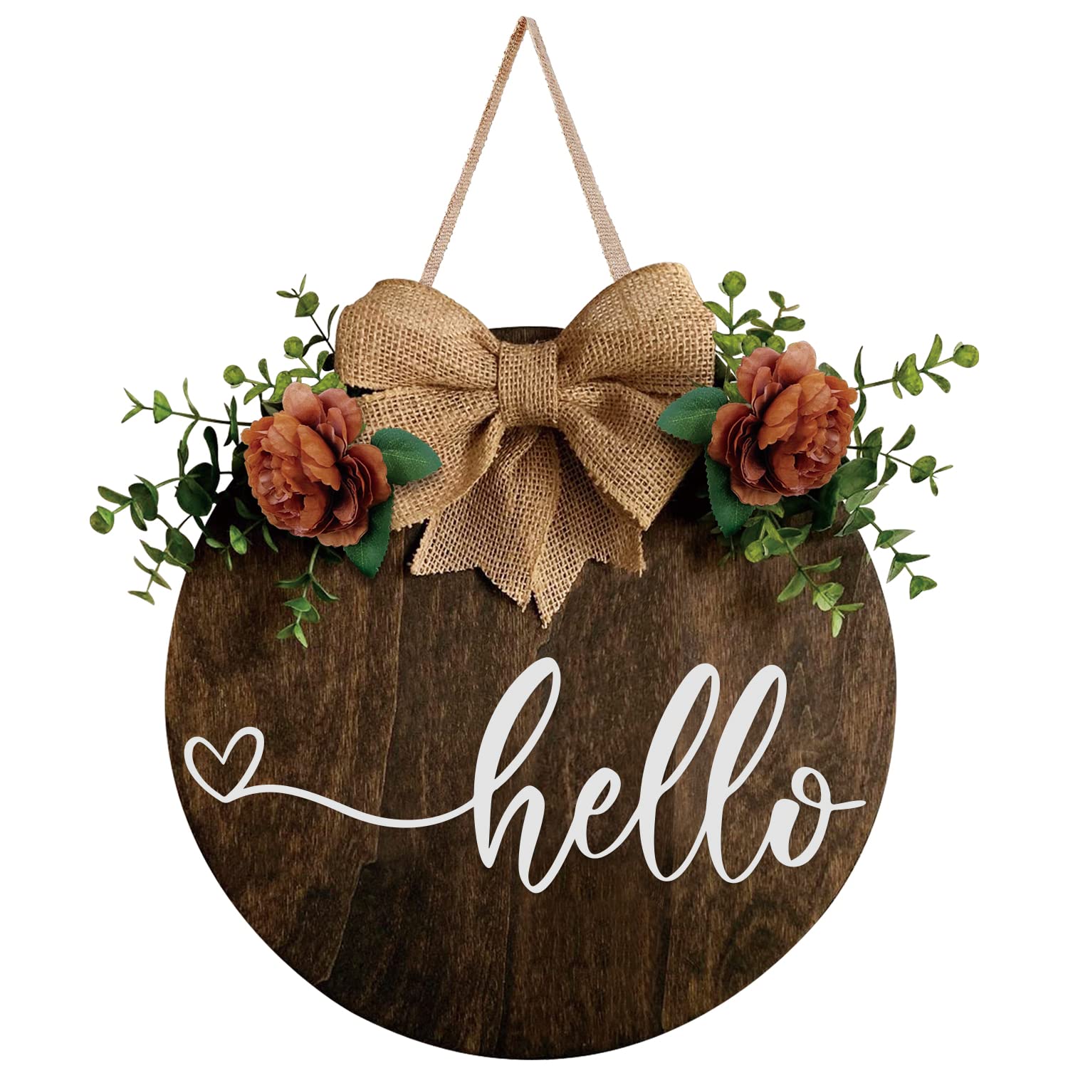 Wood Round Hello Welcome Wreath Sign Hanging Decoration Front Door, Farmhouse Porch Sign and Artificial Green Plant, Rural Outdoor Decor New House Relocation Gift