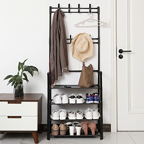 Quekuin Coat Rack Shoe rack Hall Tree 3 in 1 Designed of Metal Storage Rack with Bag ,Coat, Hat ,Shoe Rack Fits Your Hallway, entryway with 4-Tier Shelf for Storage Shoes ,Clothes(black)