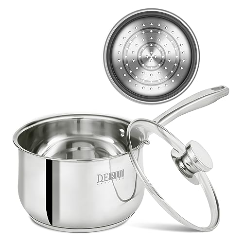 Stainless Steel Saucepan,DERUI CREATION 1.5 QT Food Grade 304 Stainless Steel Soup Pot and Steamer Basket,Cooking Pot with Lid (16cm（1.5QT）, Silver)