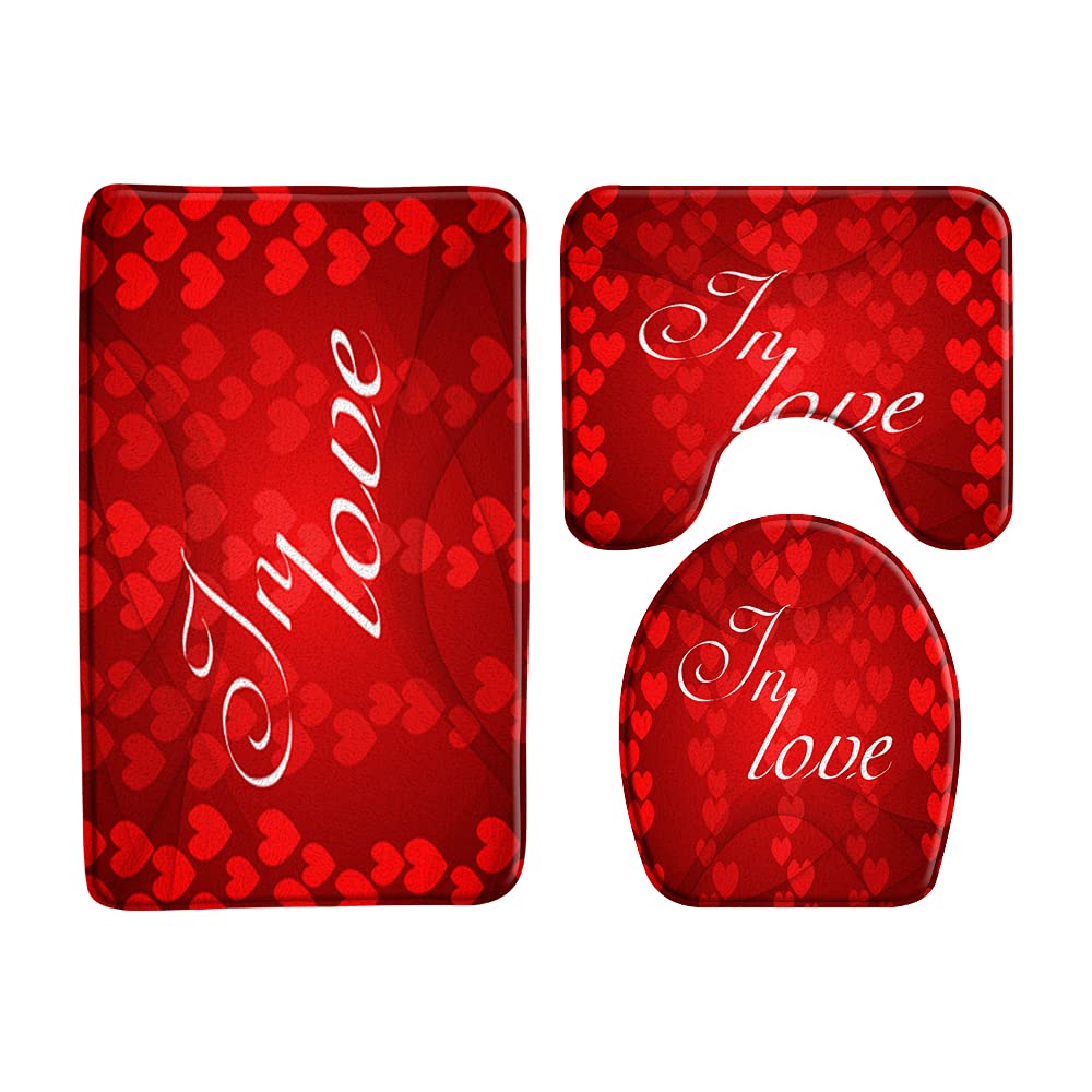 3 Pieces Bath Rugs Sets,Red Heart Romantic Love Sweet Heart Quote in Love Fantasy Dream Valentine's Day Memory Foam 17.8"x 29.5" Bath Mat Sets Toilet Seat Cover, U-Shaped Toilet for Bathroom Decor