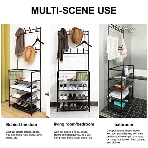 Quekuin Coat Rack Shoe rack Hall Tree 3 in 1 Designed of Metal Storage Rack with Bag ,Coat, Hat ,Shoe Rack Fits Your Hallway, entryway with 4-Tier Shelf for Storage Shoes ,Clothes(black)