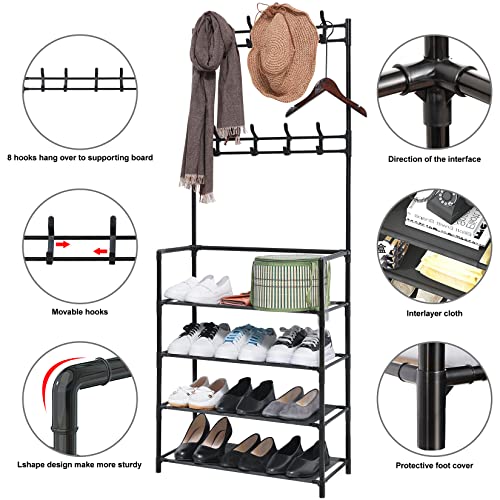 Quekuin Coat Rack Shoe rack Hall Tree 3 in 1 Designed of Metal Storage Rack with Bag ,Coat, Hat ,Shoe Rack Fits Your Hallway, entryway with 4-Tier Shelf for Storage Shoes ,Clothes(black)