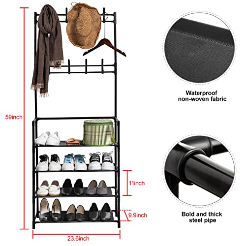 Quekuin Coat Rack Shoe rack Hall Tree 3 in 1 Designed of Metal Storage Rack with Bag ,Coat, Hat ,Shoe Rack Fits Your Hallway, entryway with 4-Tier Shelf for Storage Shoes ,Clothes(black)