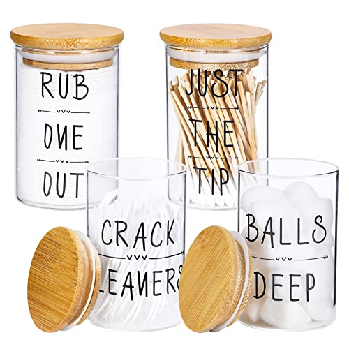 4 Pack Qtip Holder, 10 oz Bathroom Organization with Bamboo Lids, Clear Glass Farmhouse Qtip Holder for Bathroom Vanity, Great for Cotton Swabs, Cotton Ball, Floss, Bathroom Decor