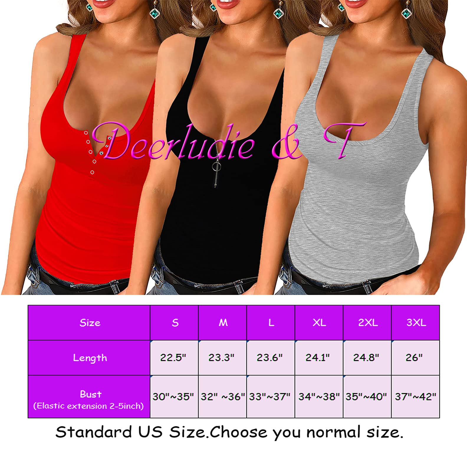Deerludie & T Womens Scoop Neck Ribbed Tank Tops Low Cut Solid Sexy Summer Sleeveless Henley Shirts U-Black M