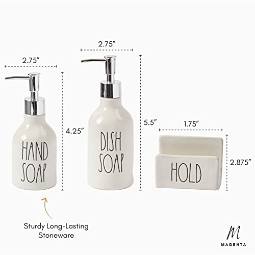 Rae Dunn Kitchen-Sink Soap Dispenser Set, Hand Soap and Dish Soap Dispenser for Kitchen with Sponge Holder and Tray