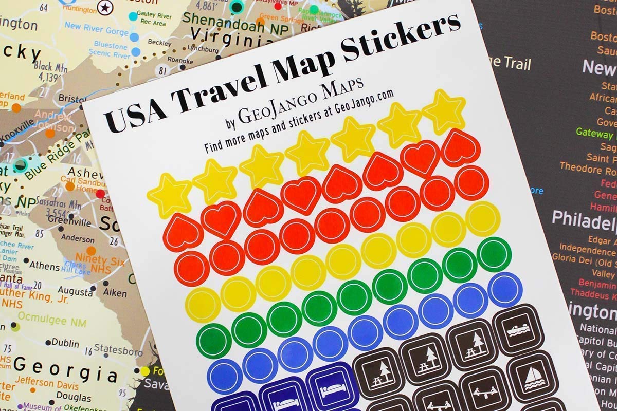 USA Travel Map Vinyl Sticker Set, 1 Sheet of 84 Stickers