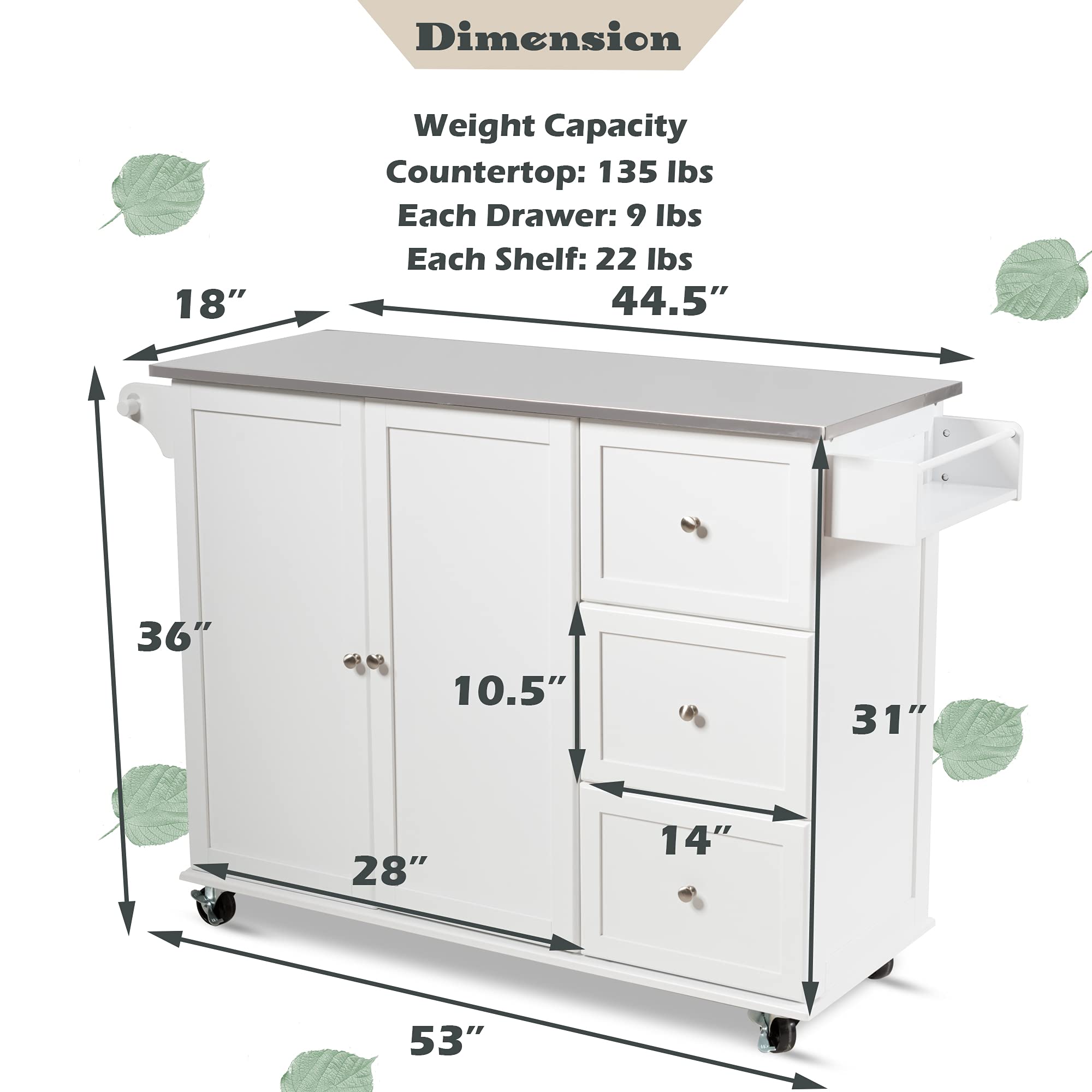 GLACER Kitchen Island Cart on Wheels, Rolling Kitchen Cart with Stainless Steel Countertop, Rolling Kitchen Island for Kitchen, Dining Room, Restaurant, 53 x 18 x 36 inches (White)